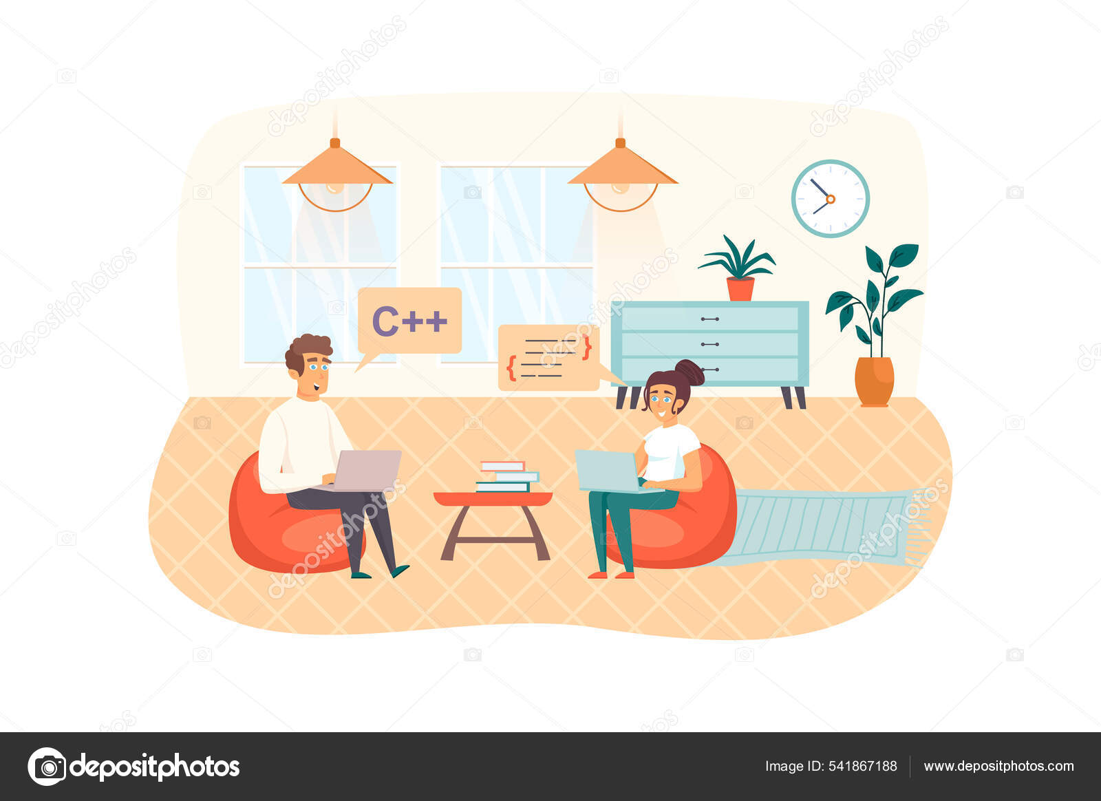 Developers testing software scene. Man and woman works on laptops in ...