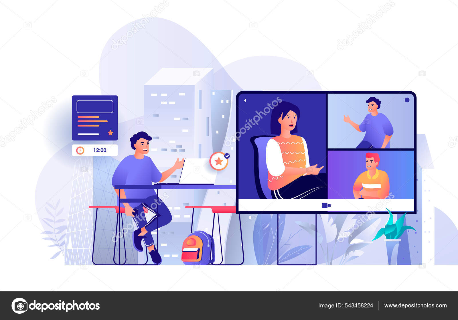 Video conference scene. Man meeting with colleagues friends via video ...