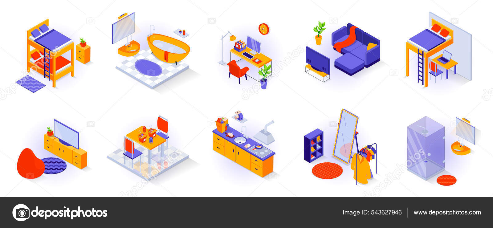 Home interiors elements concept isometric 3d icons set. Furnished rooms ...