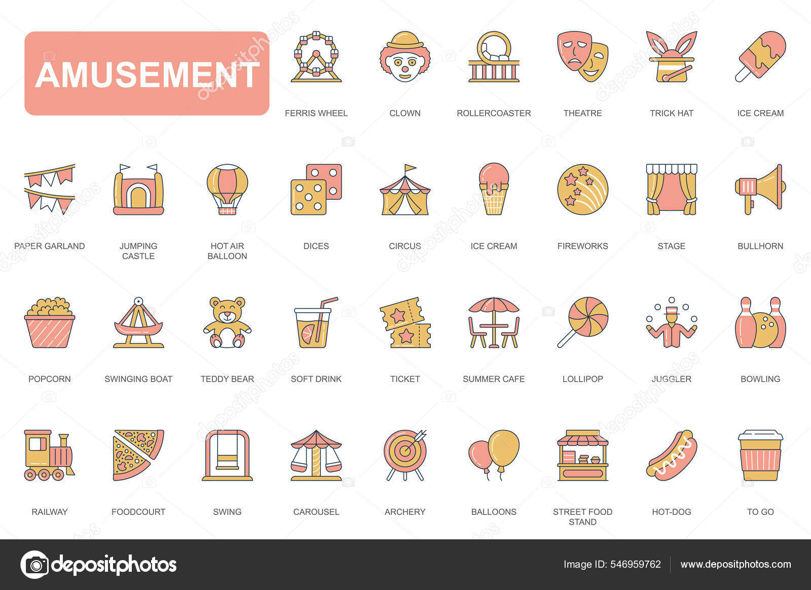 Amusement park concept simple line icons set. Pack outline pictograms ...