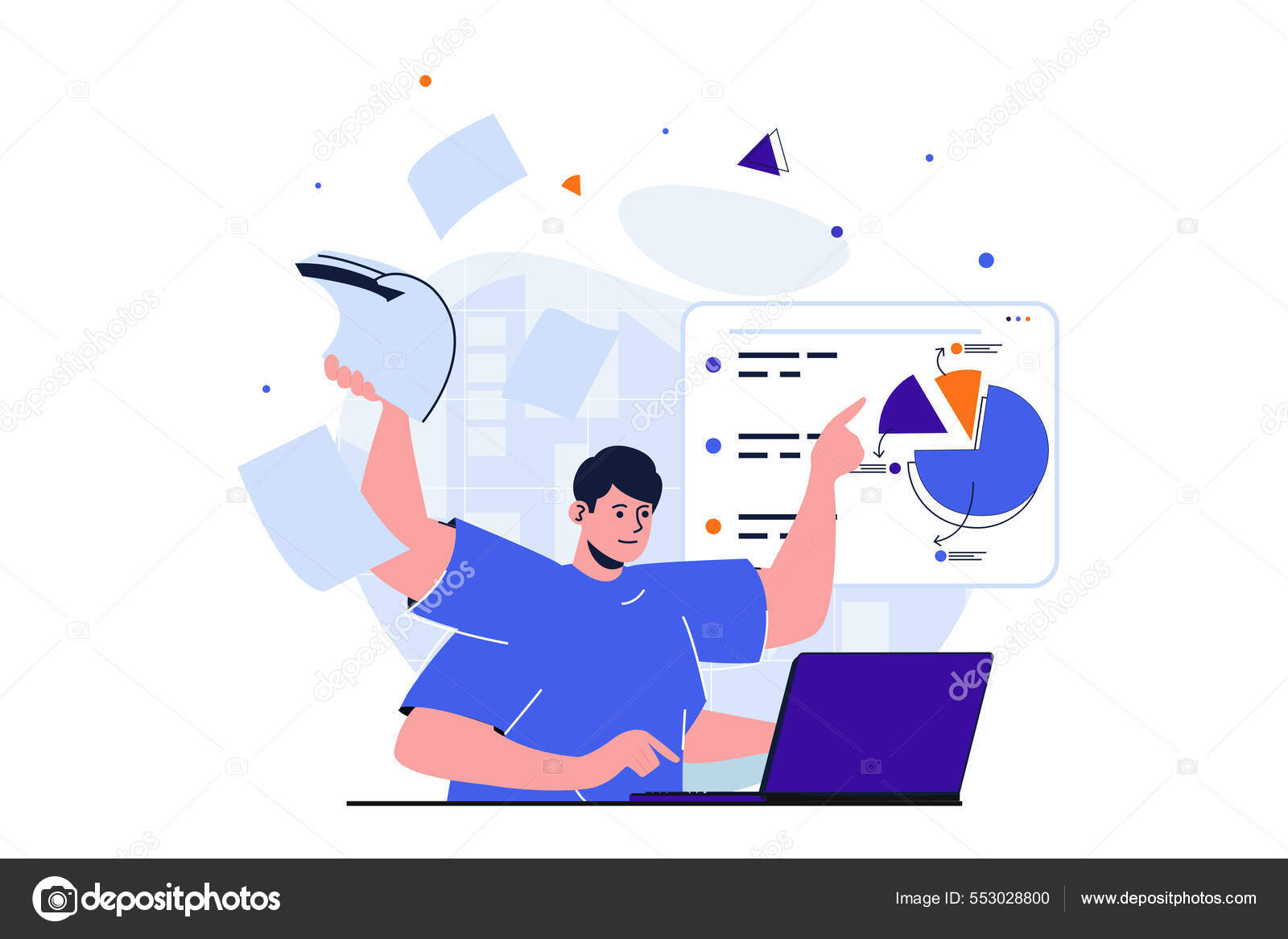 Office work modern flat concept for web banner design. Multitasking employee works on laptop ...