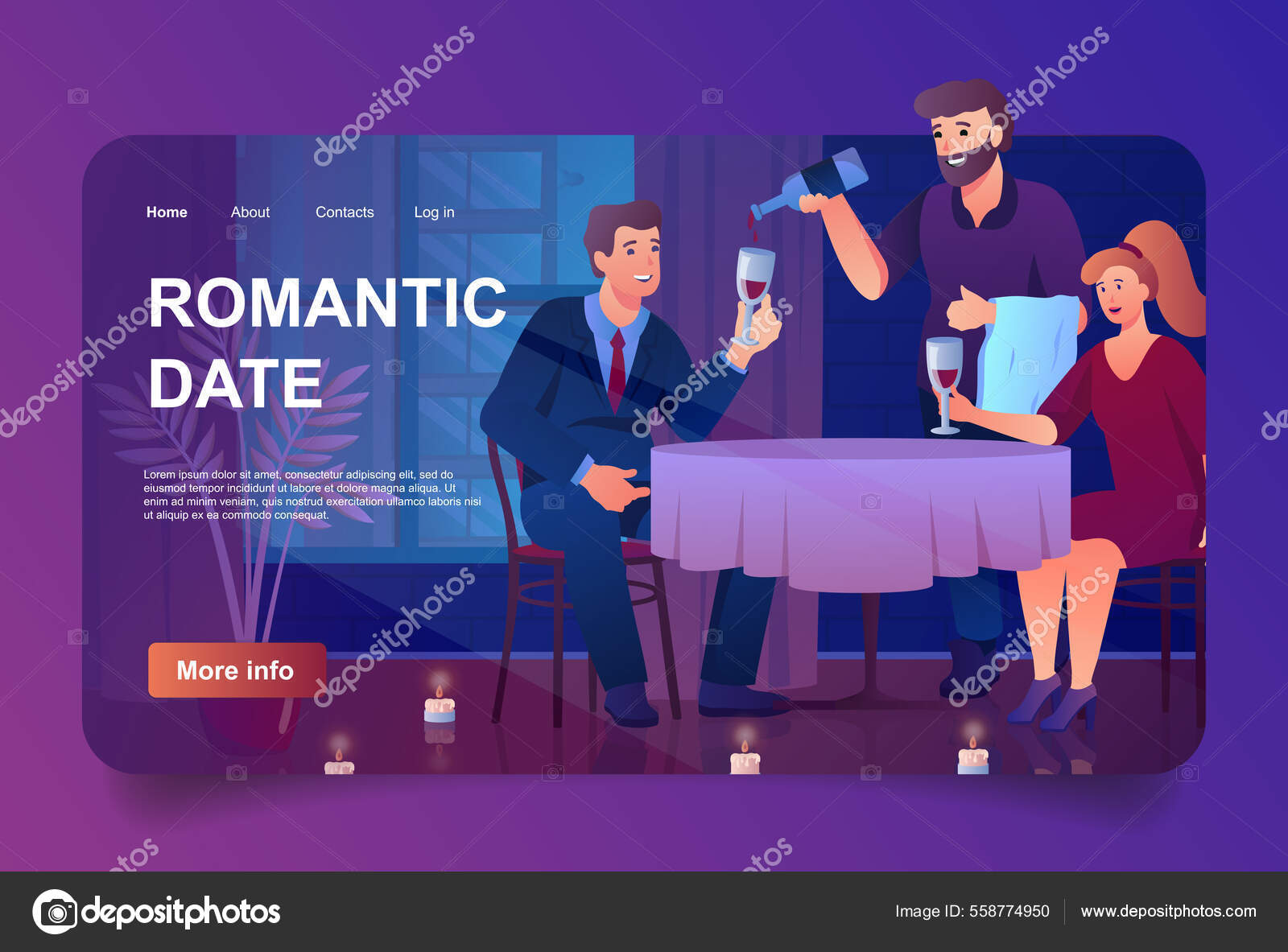 Romantic date concept in cartoon design for landing page. Loving man ...