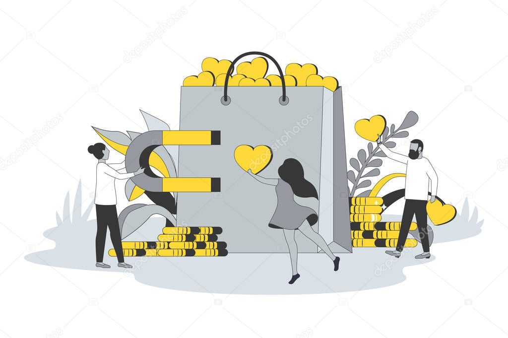 Concepto de marketing y promoción en diseño de línea plana. La gente ...