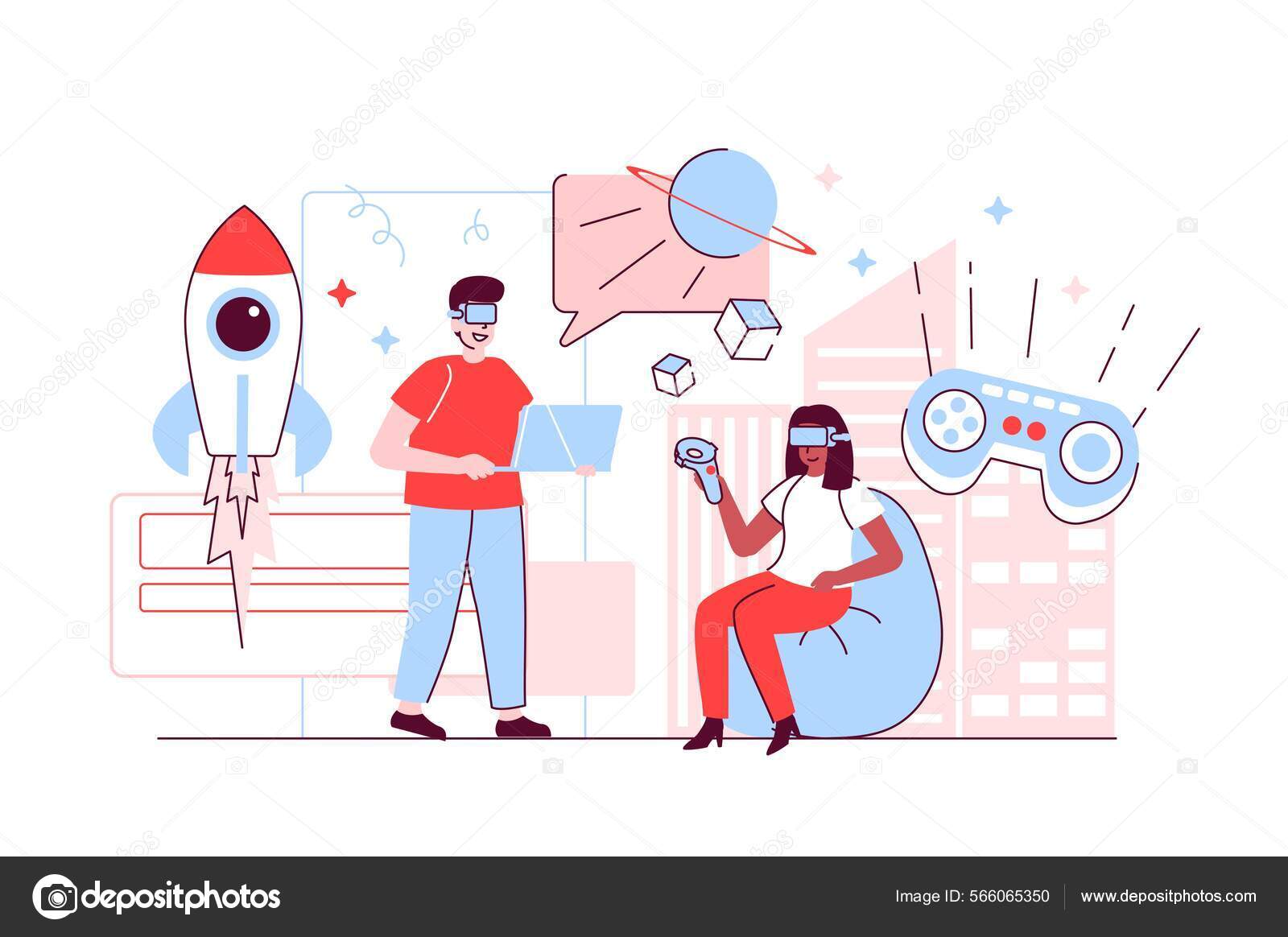 Metaverse concept in flat line design. Man and woman using virtual ...