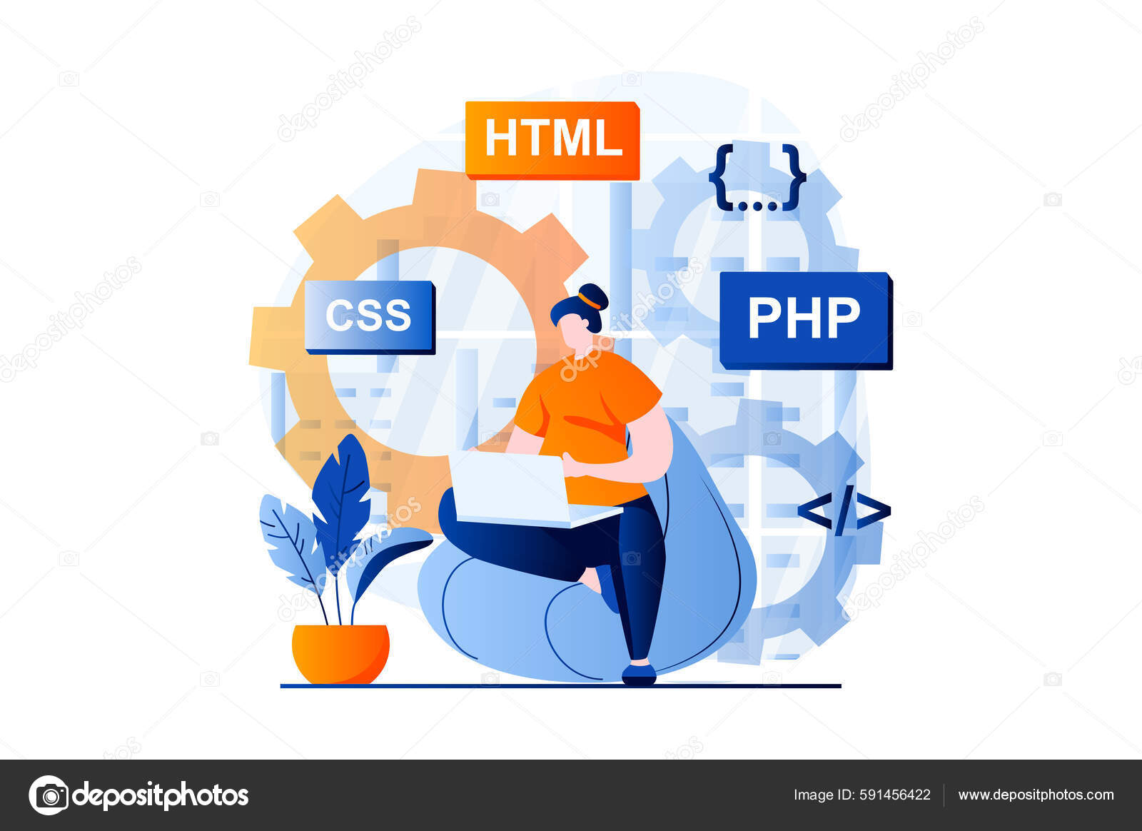 Web Development Concept People Scene Flat Cartoon Design Woman ...