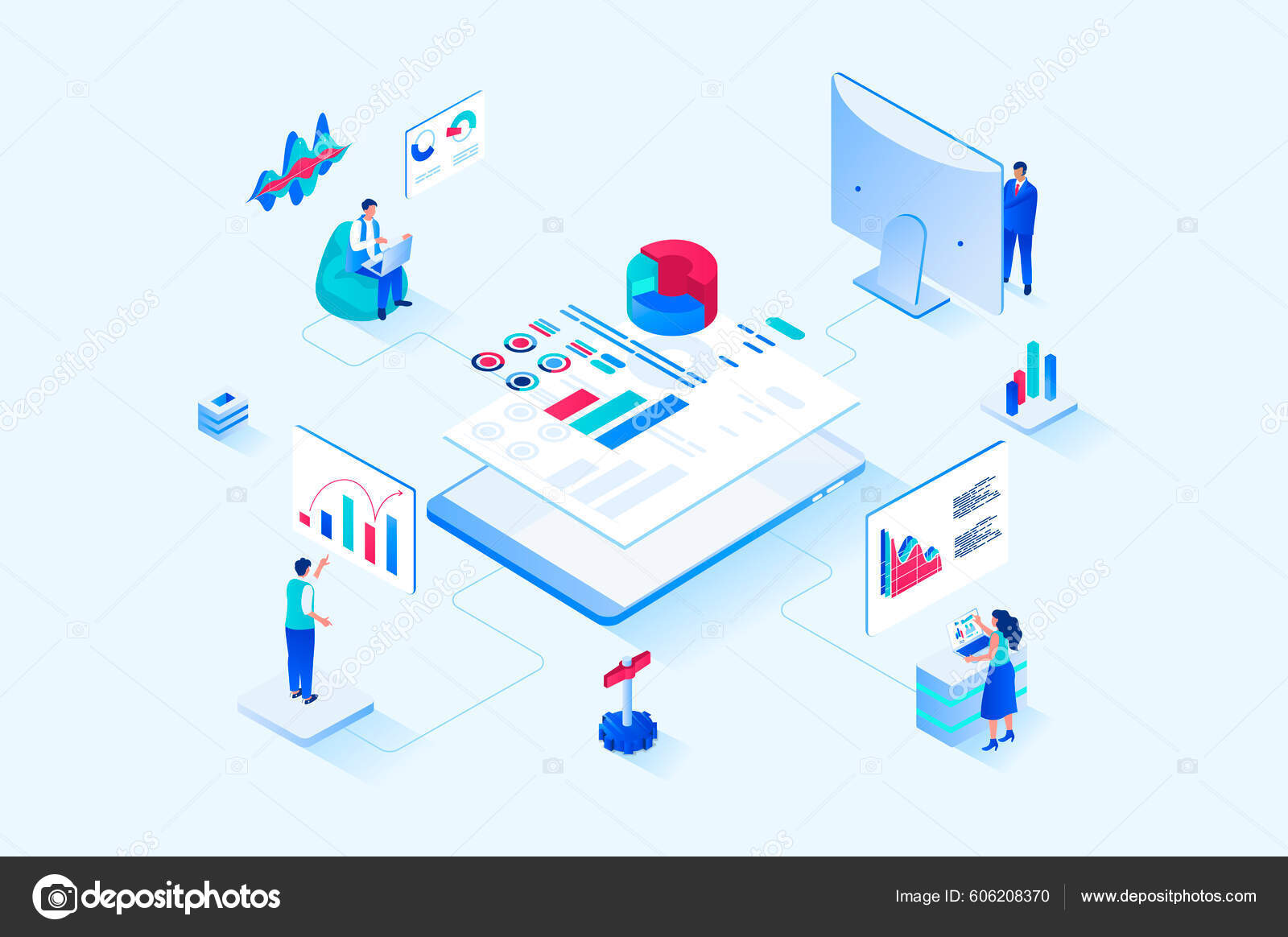 Data Analysis Isometric Web Design People Work Charts Diagrams Graphs ...