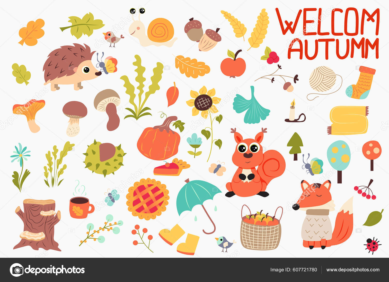 Autumn Cute Set Flat Cartoon Design Bundle Leaves Hedgehog Snail Stock ...