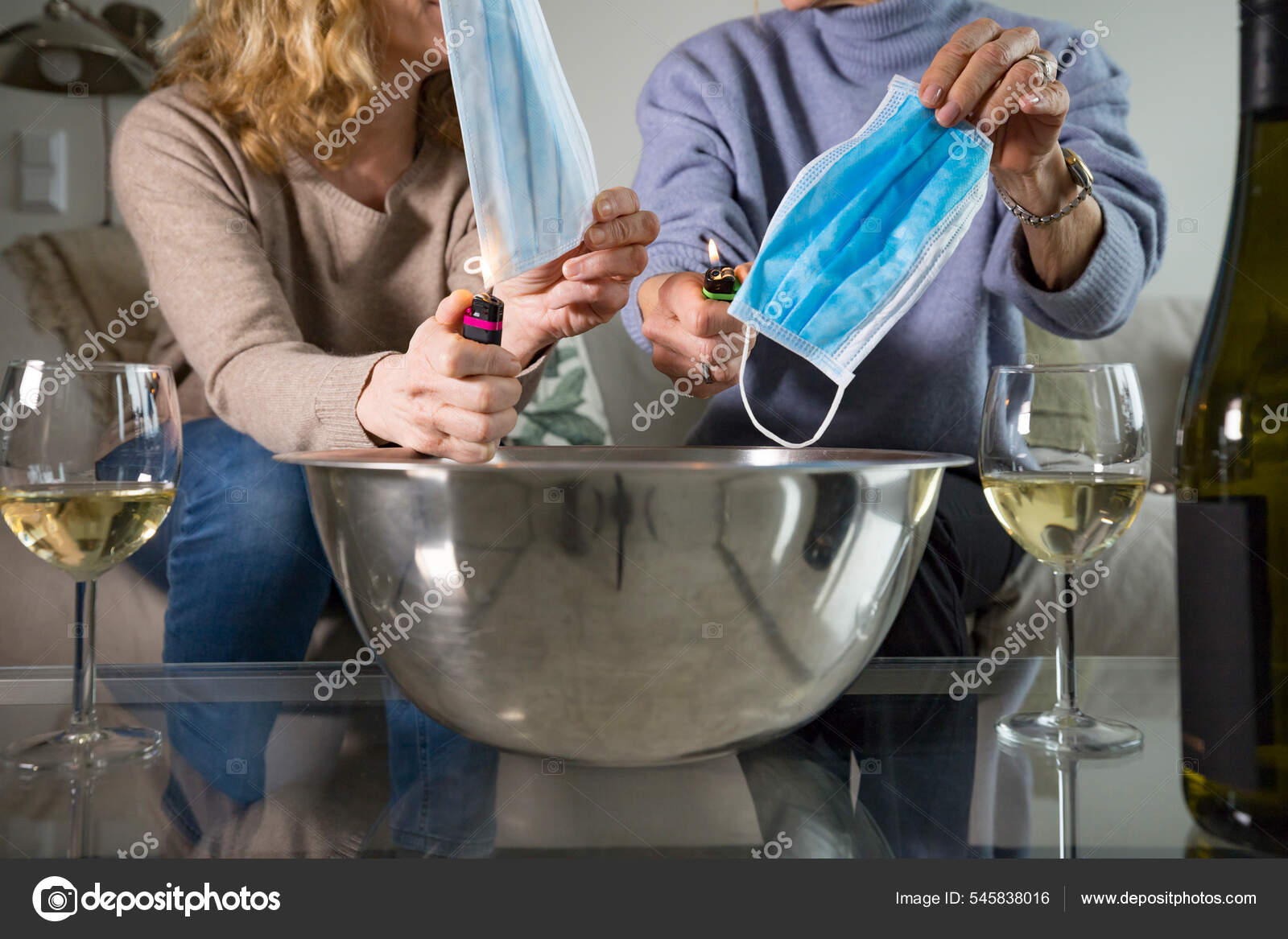 Two Women Burn Face Masks Celebrate End Pandemic Stock Photo by ...
