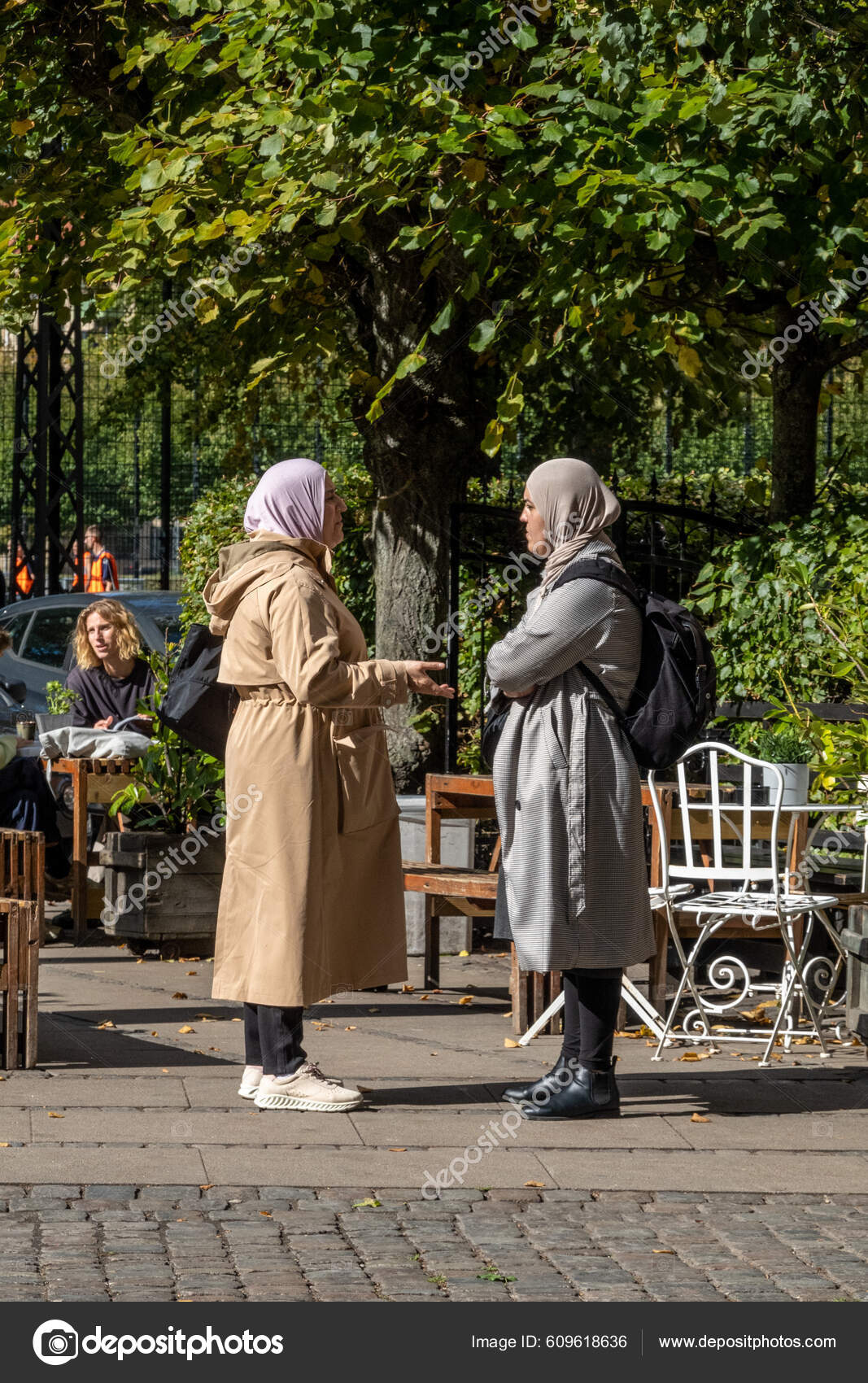Copenhagen Denmark Two Muslim Women Having Conversation Street Norrebro ...