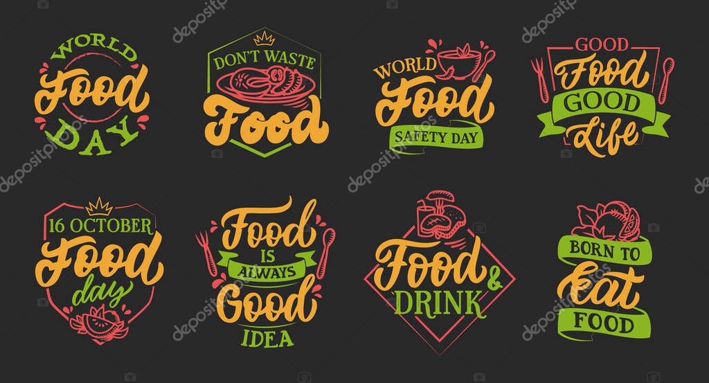 El conjunto de consignas de letras Día de la comida. Las insignias de ...