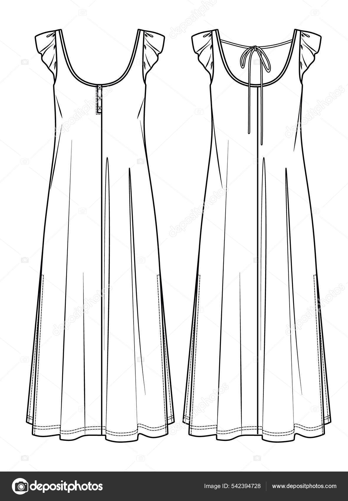 Vector Maxi Dress Side Slit Technical Drawing Long Summer Dress Stock ...
