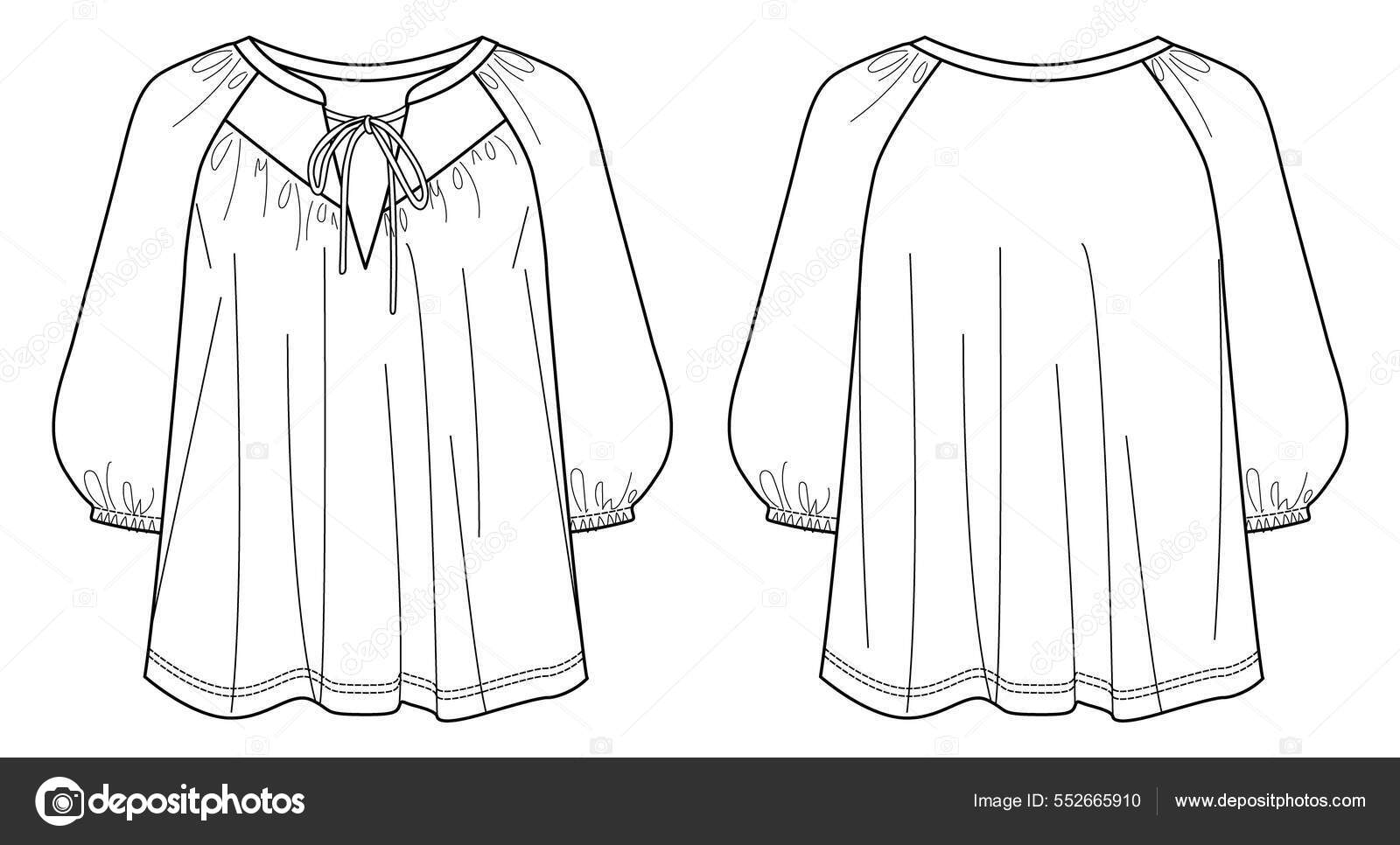 Kvinna Rund Hals Blus Med Insamling Detalj Mode Cad Lång vektor av ...