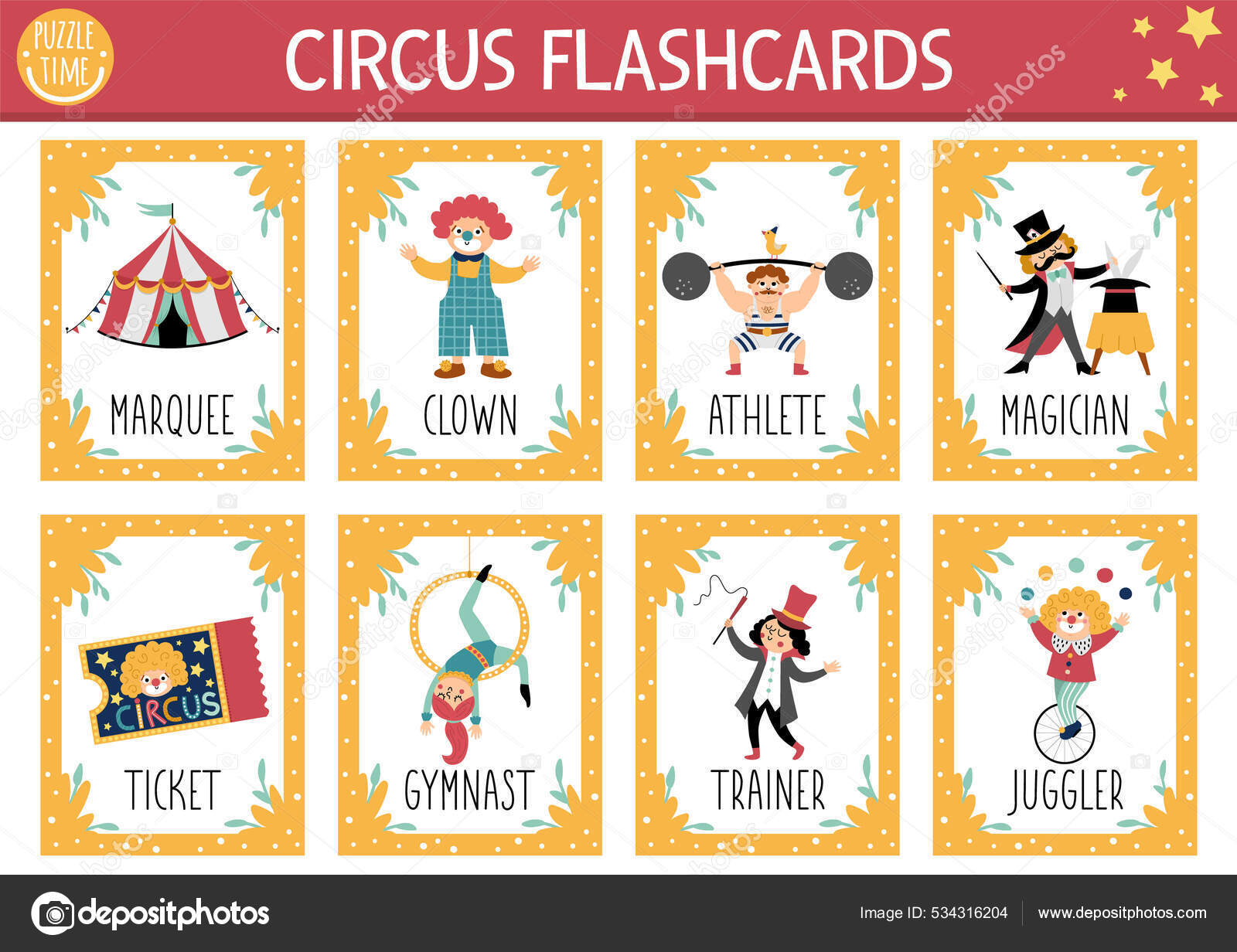 Vector Circus Flash Cards Set English Language Game Cute Marquee Stock Vector by ©LexiClaus ...