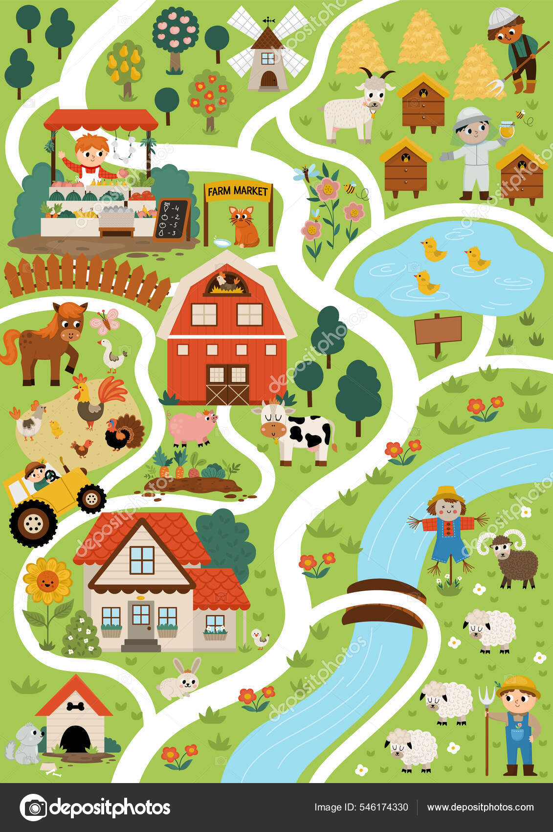 Farm Village Map Country Life Background Vector Rural Area Scenes Stock ...