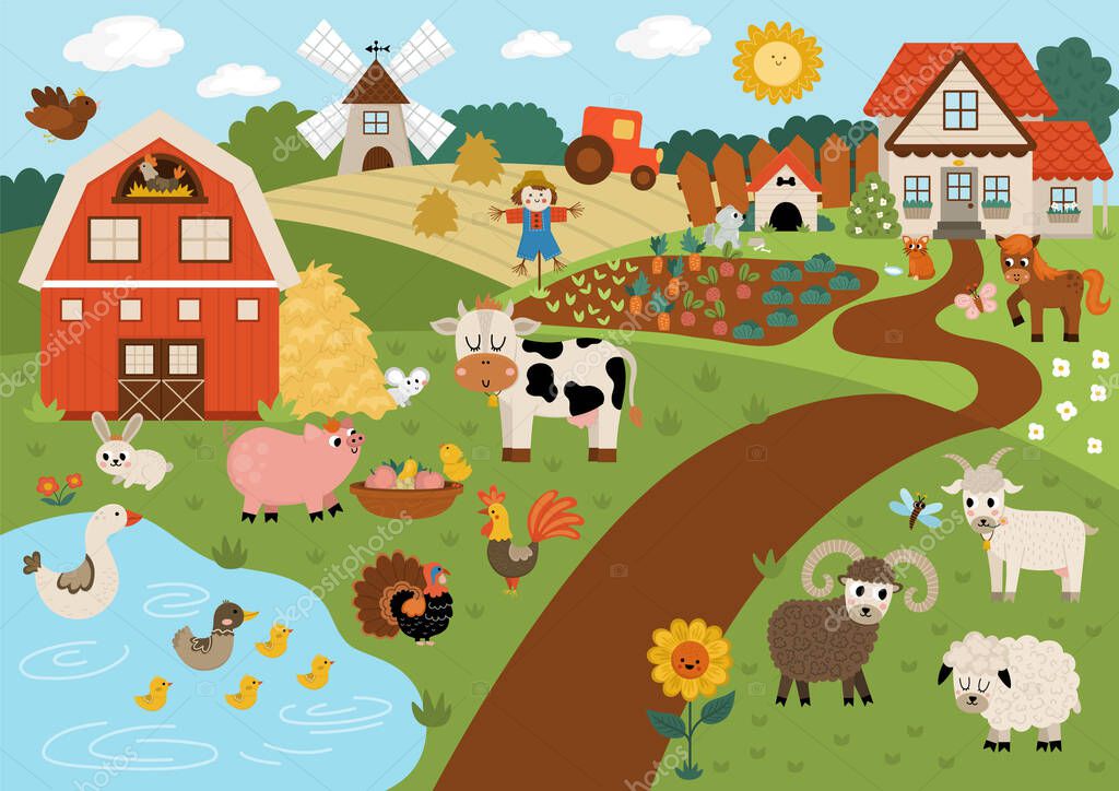 Ilustración Paisaje Granja Vectorial Paisaje Rural Con Animales Granero ...