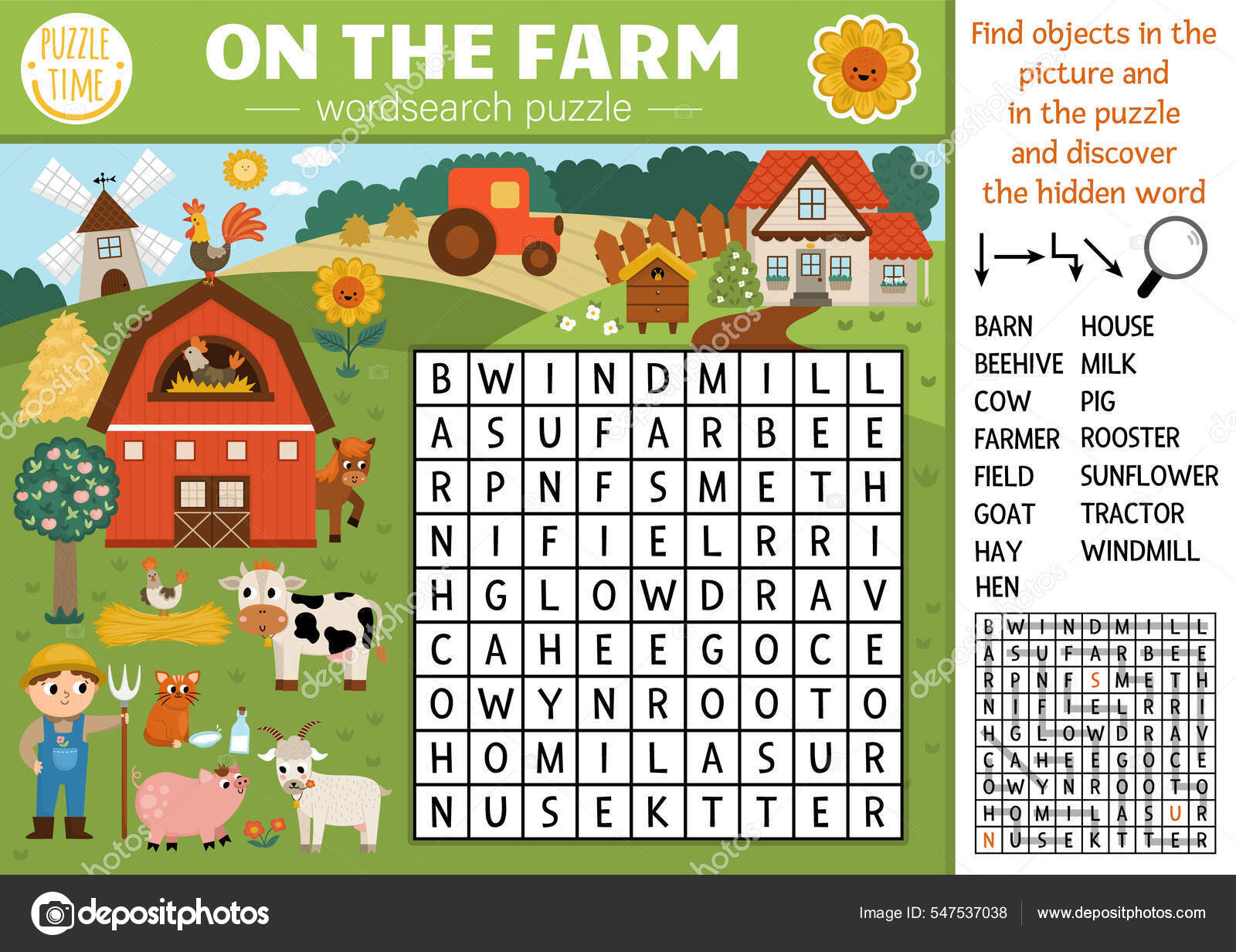 Vector Rompecabezas Búsqueda Palabras Granja Para Niños Prueba Búsqueda ...