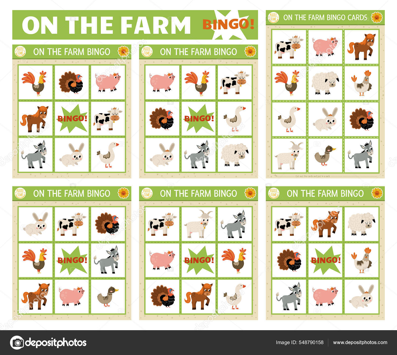 Vector Farm Animals Bingo Cards Set Fun Family Lotto Board Stock Vector ...