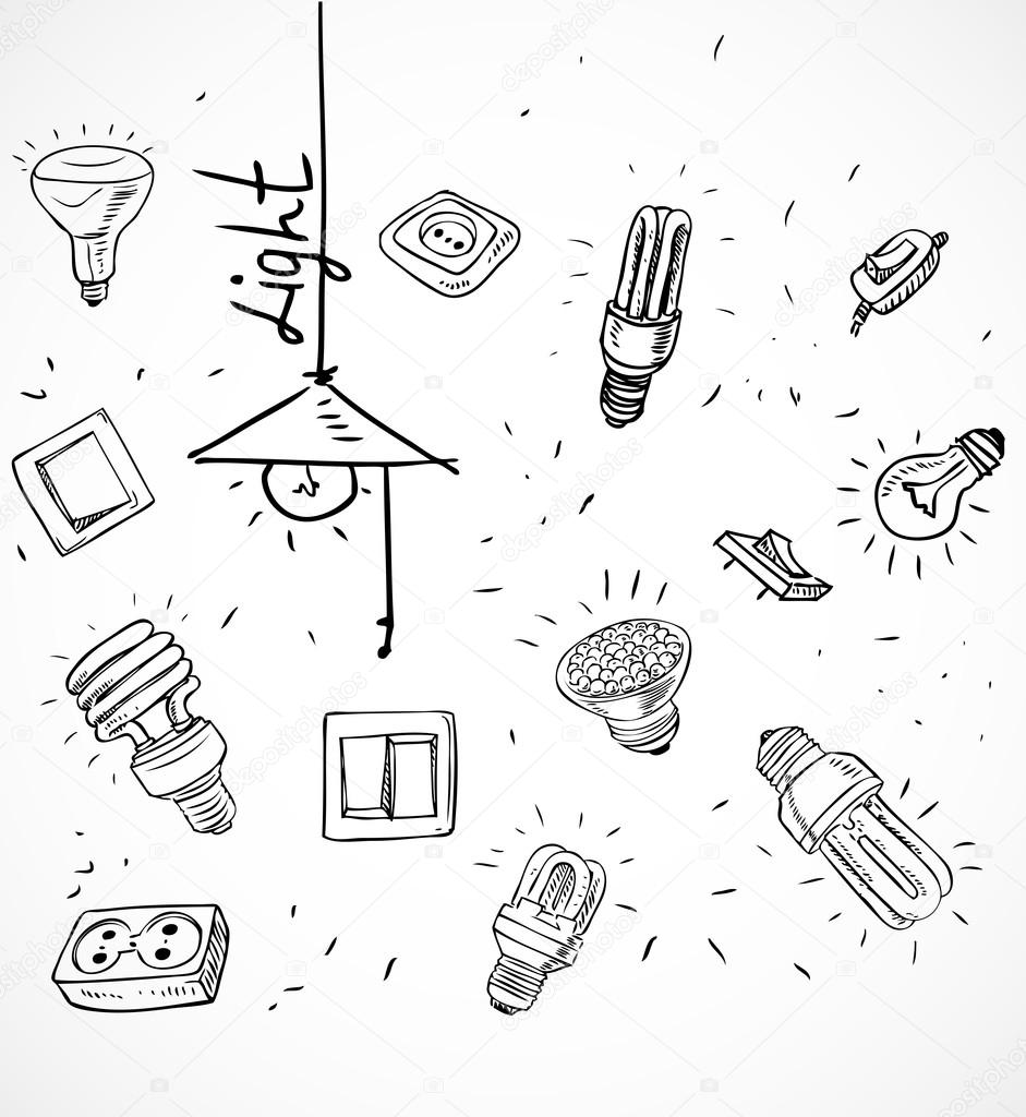 Sketch of different light bulbs switches and sockets Stock Illustration ...