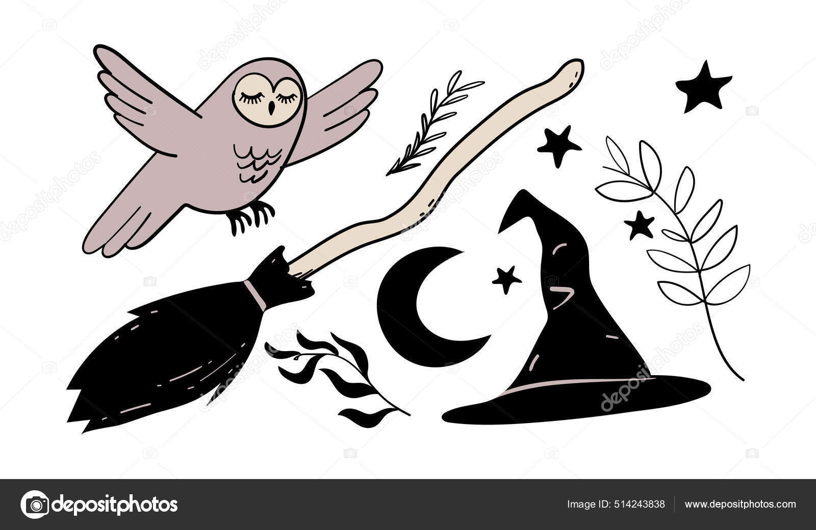 Un conjunto de elementos para la bruja. Escoba mágica, búho, sombrero ...