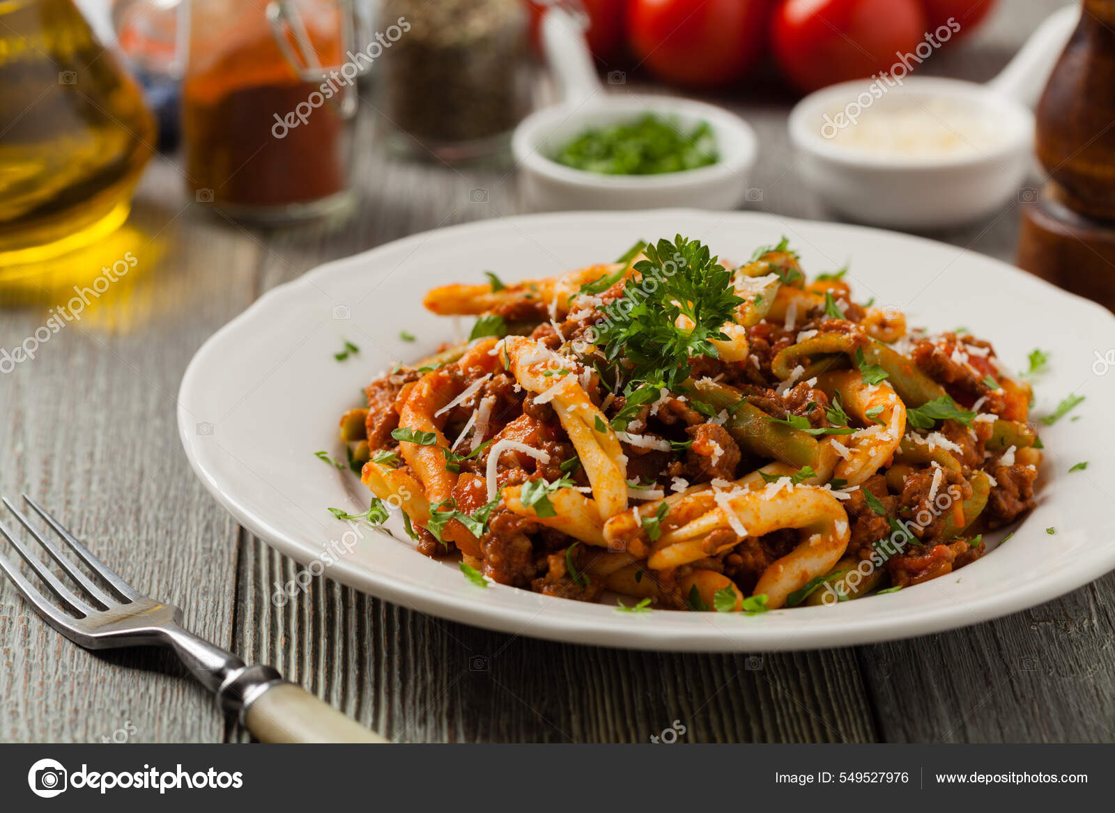 Maccheroni Ferretto Beef Ragu Bolognese Front View Stock Photo by ...