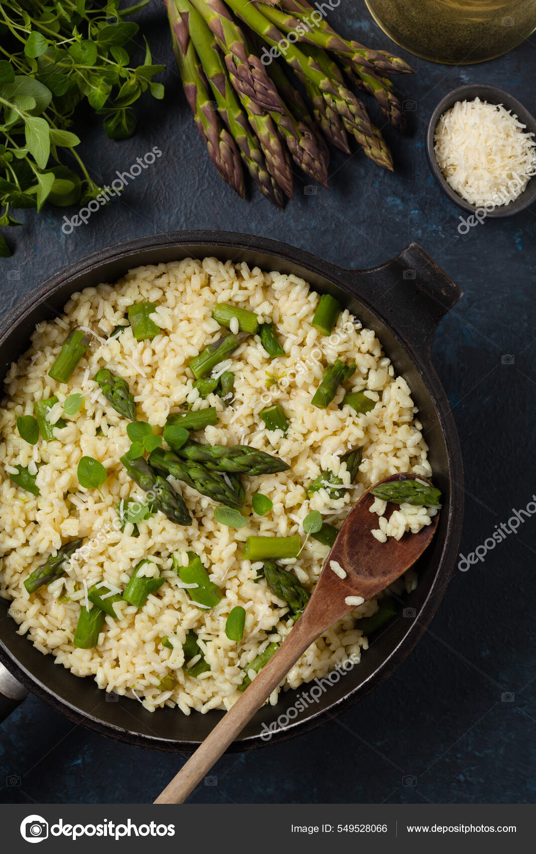Classic Italian Risotto Asparagus Top View Darkblue Background — Stock ...