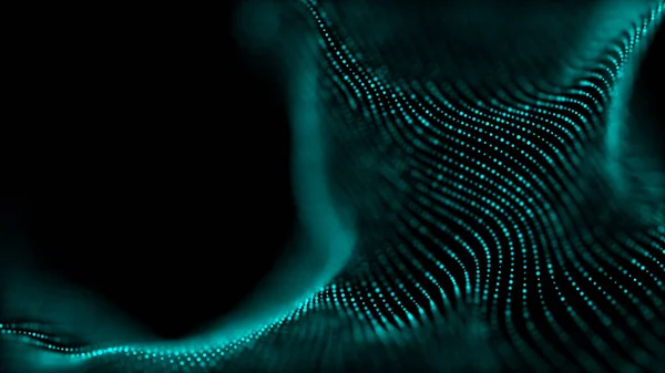 Music wave of particles. Big data visualization. Abstract green background with a dynamic wave ...