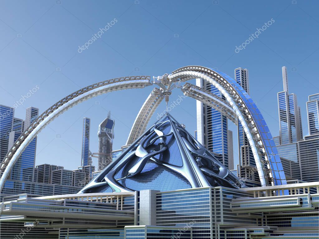 Ciudad de Megalópolis skyline con arquitectura futurista y estructuras orgánicas, para fondos de ...