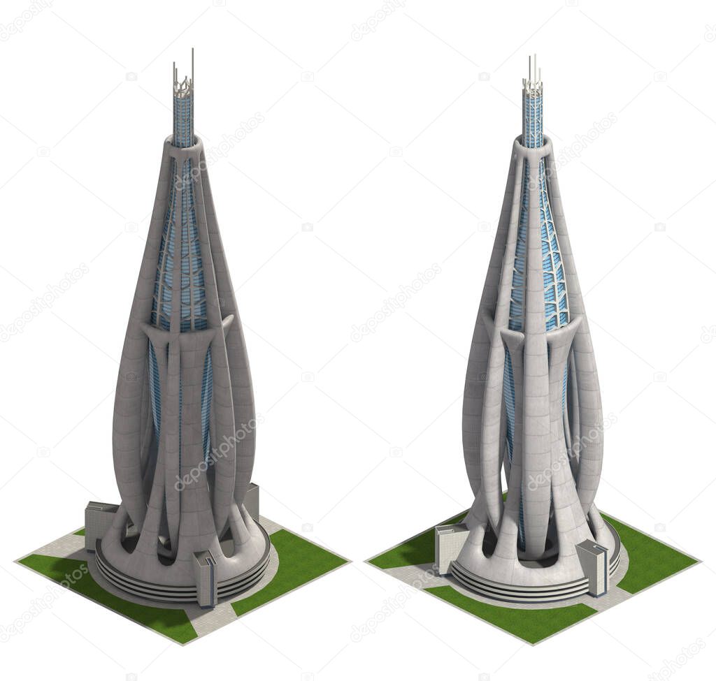 Futuristic architecture for a square tiled game rendered in dimetric ...