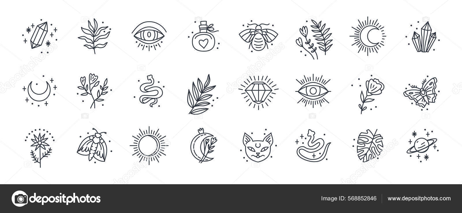 Vector witch magic design elements set. Hand drawn magician collection ...