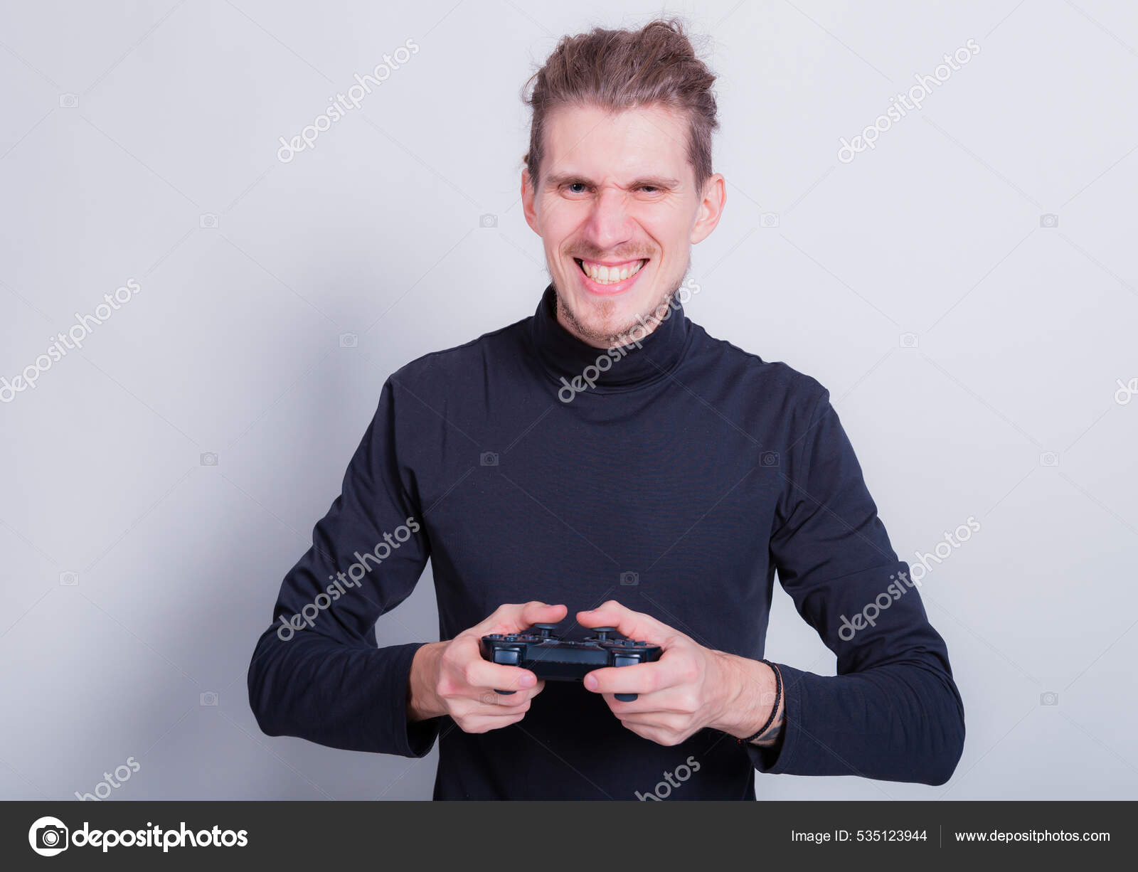 Man Holding Gamepad Controller While Playing Videogames Funny ...