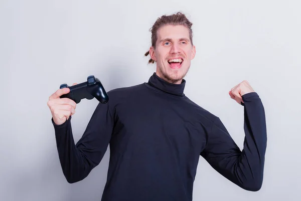 Man Holding Gamepad Controller While Playing Videogames Funny ...