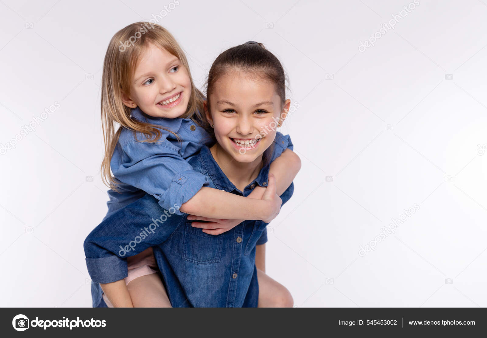 Two Happy Friends Sisters Kid Girls Hugging Together Having Fun — Stock ...