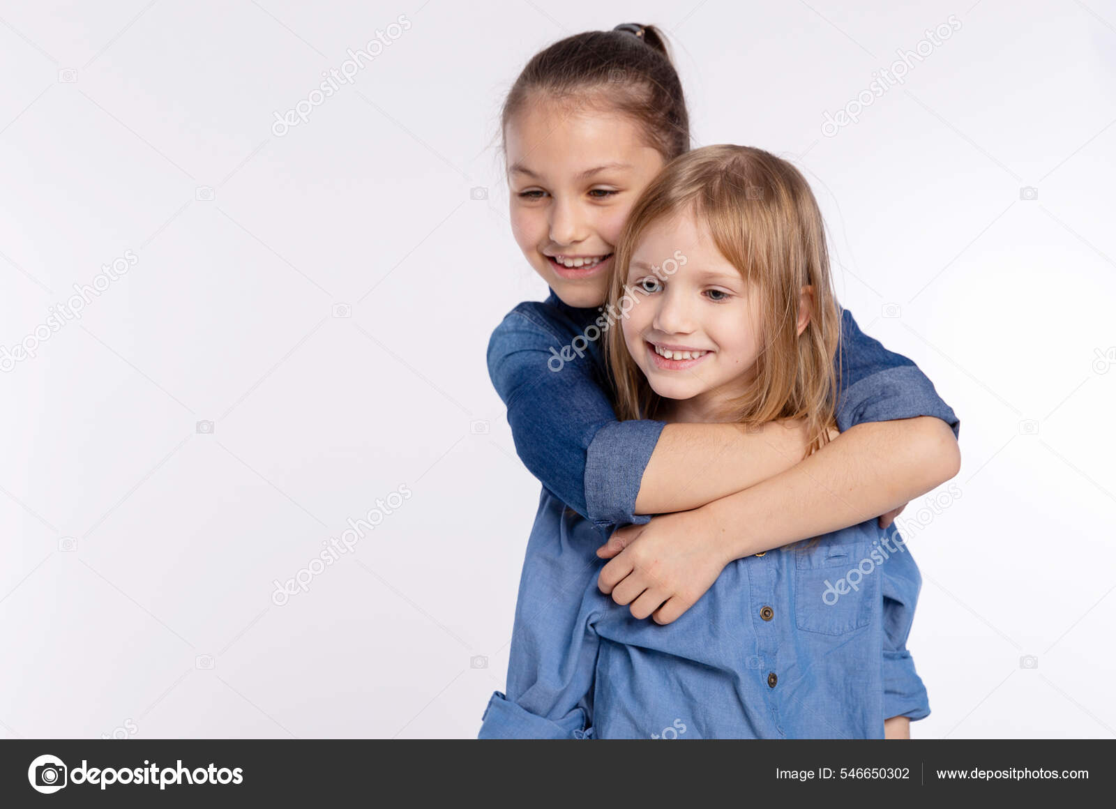 Two Happy Friends Sisters Kid Girls Hugging Together Having Fun Stock ...