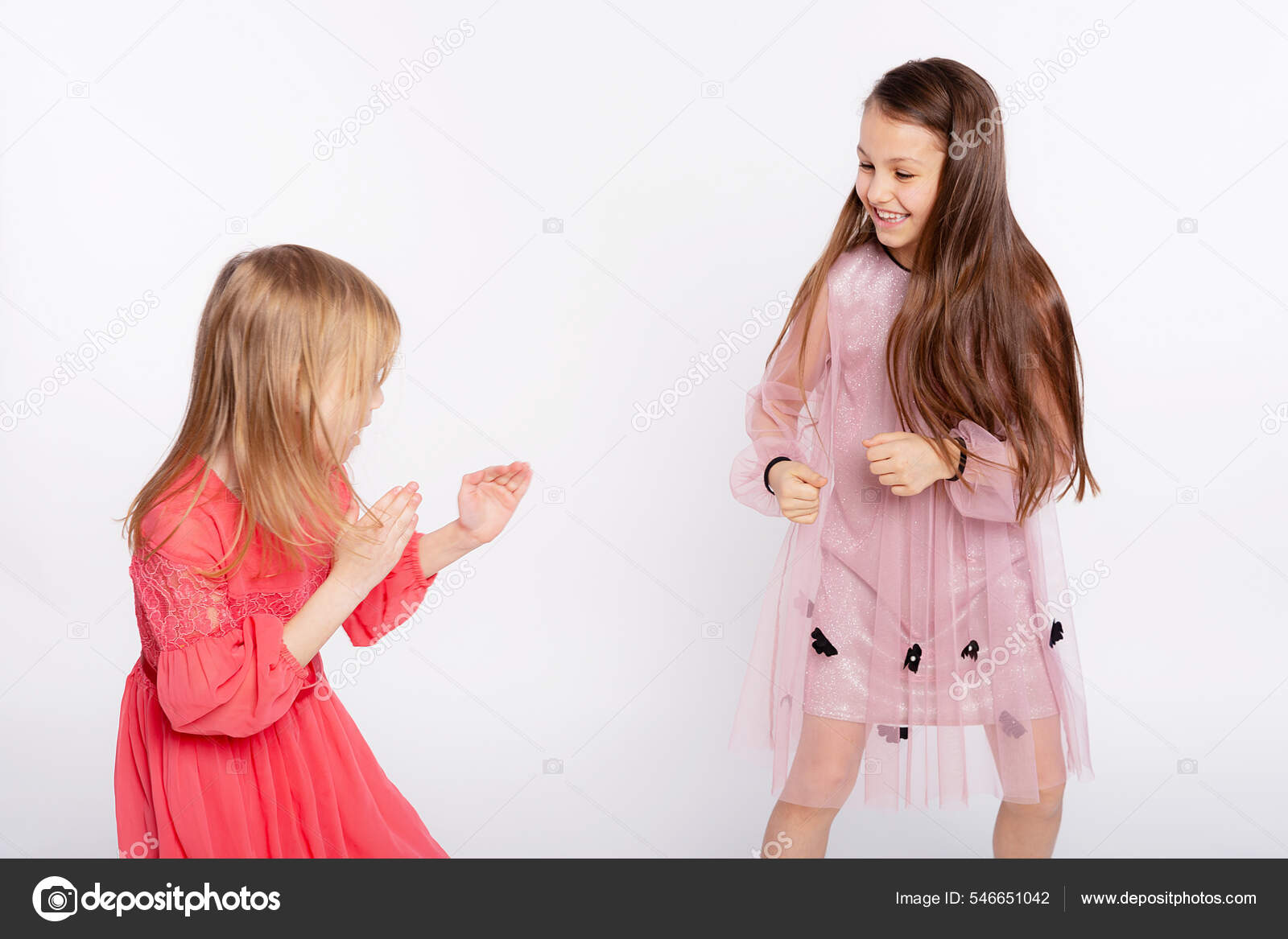 Best Friends Girls Fight Two Young Girls Wear Pink Dress Stock Photo by ...