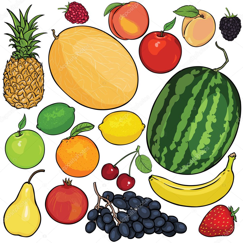 Vecteur série de 18 fruits de dessin animé : ananas, framboise, pêche ...