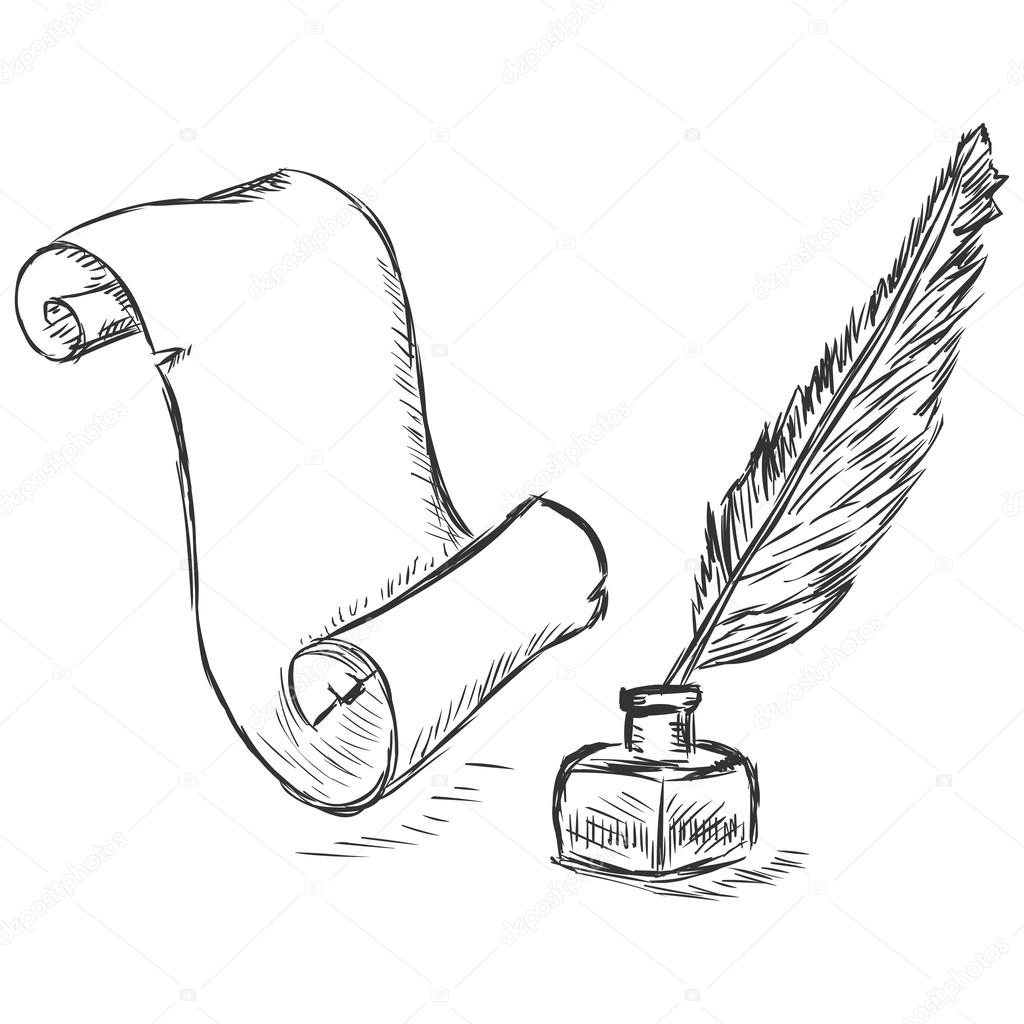 Vector boceto ilustración - pergamino, pluma y tintero — Vector de ...