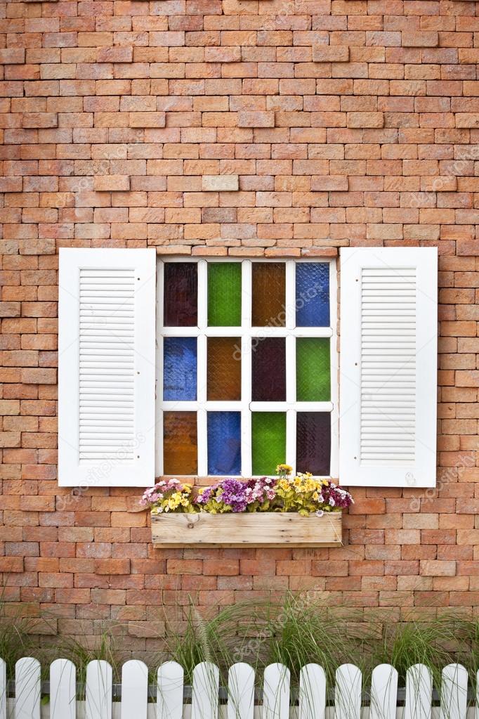 Window With Open Wooden Shutters, Decorated With Fresh Flowers Stock ...