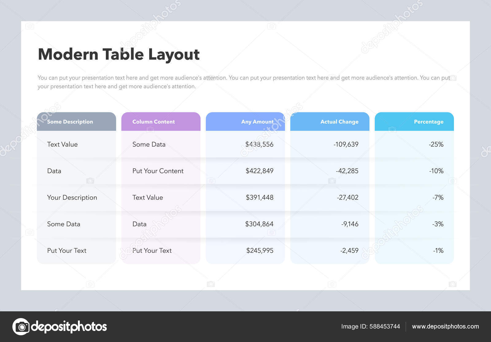 Modern Table Layout Template Five Colorful Columns Flat Design Easy ...