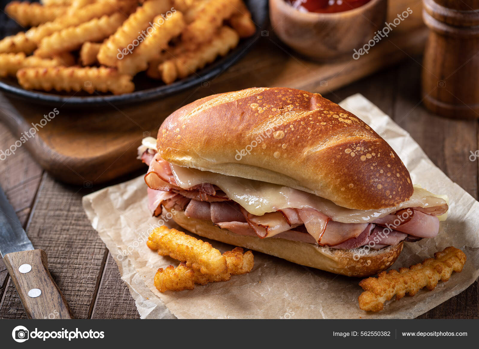 Hot Ham Cheese Submarine Sandwich Crispy French Fries Rustic Wooden ...