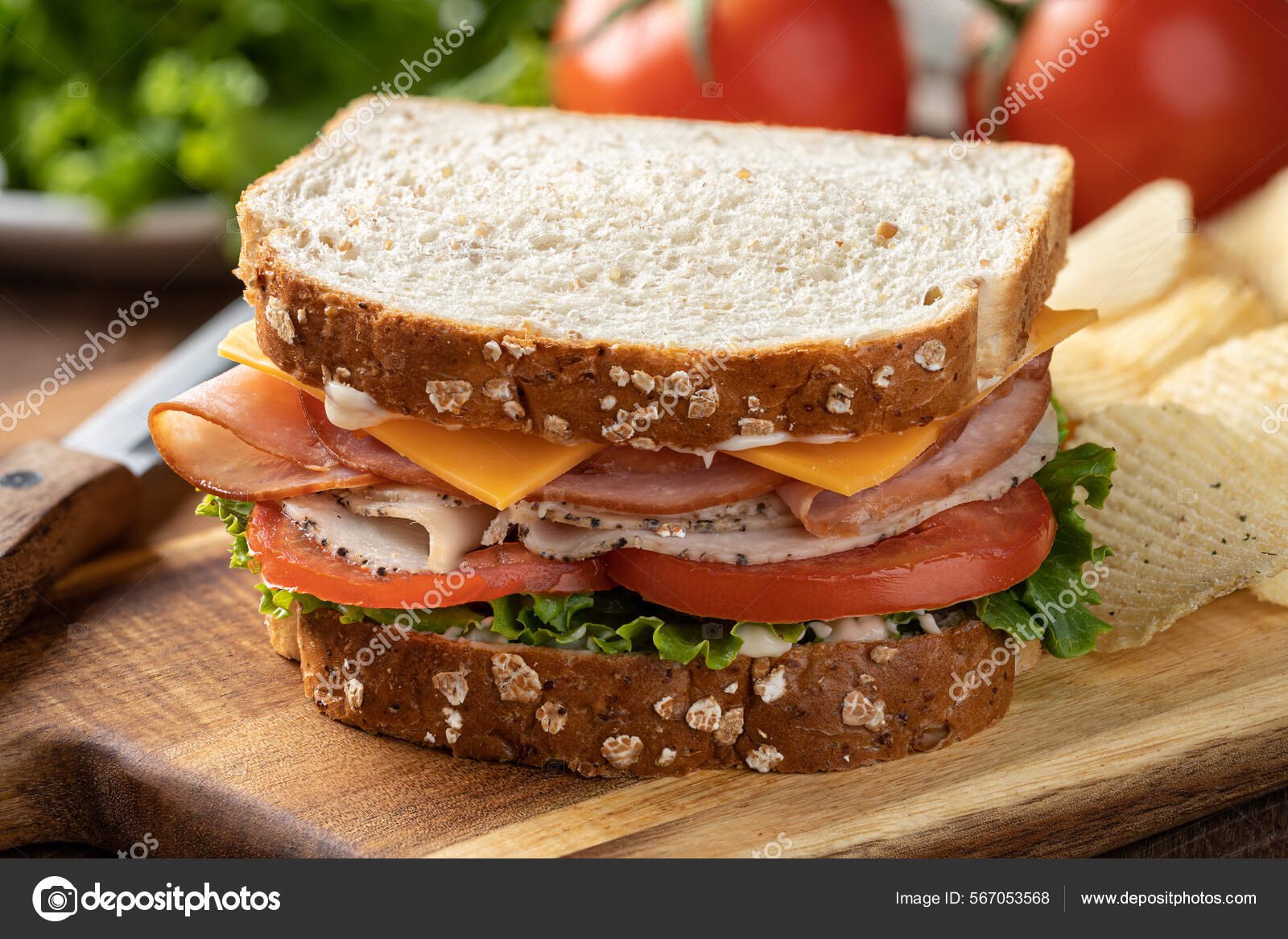 Sandwich Made Turkey Ham Cheese Lettuce Tomato Whole Grain Bread ...