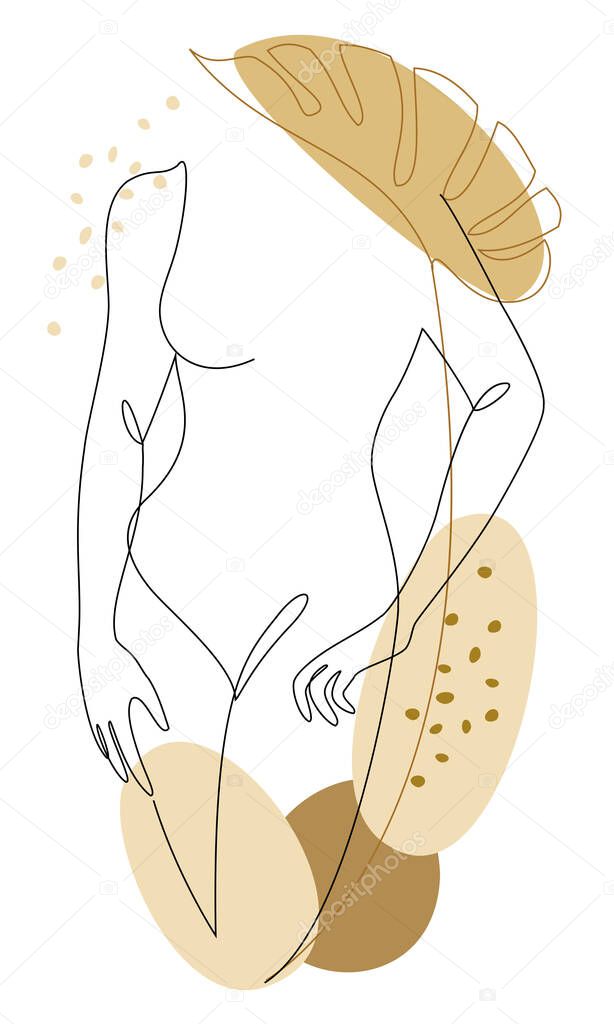 Las siluetas de las piernas y las manos de la muchacha y las hojas de la planta en el estilo ...