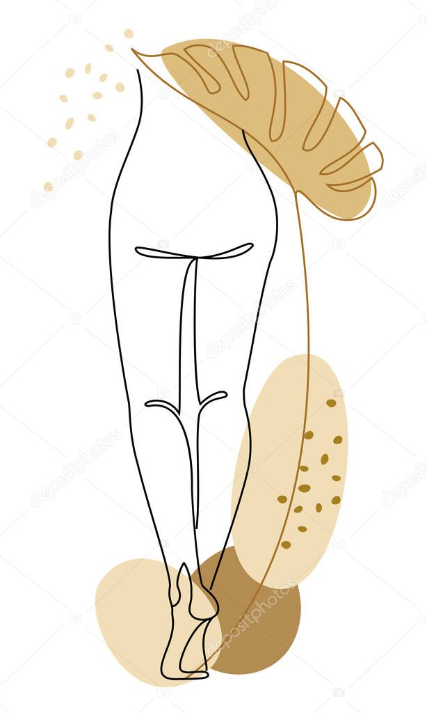 Las siluetas de las piernas y las manos de la muchacha y las hojas de la planta en el estilo ...