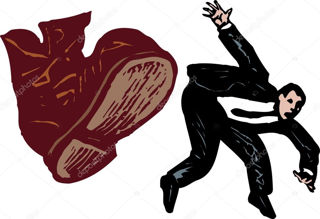 Woodcut Ilustración del hombre siendo pateado por la bota Vector de ...