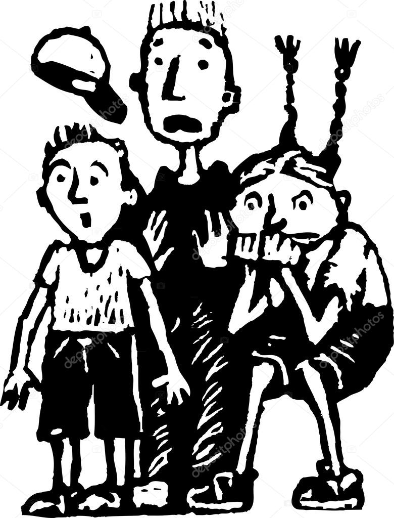 Black and white vector illustration of three scared kids Stock Vector ...