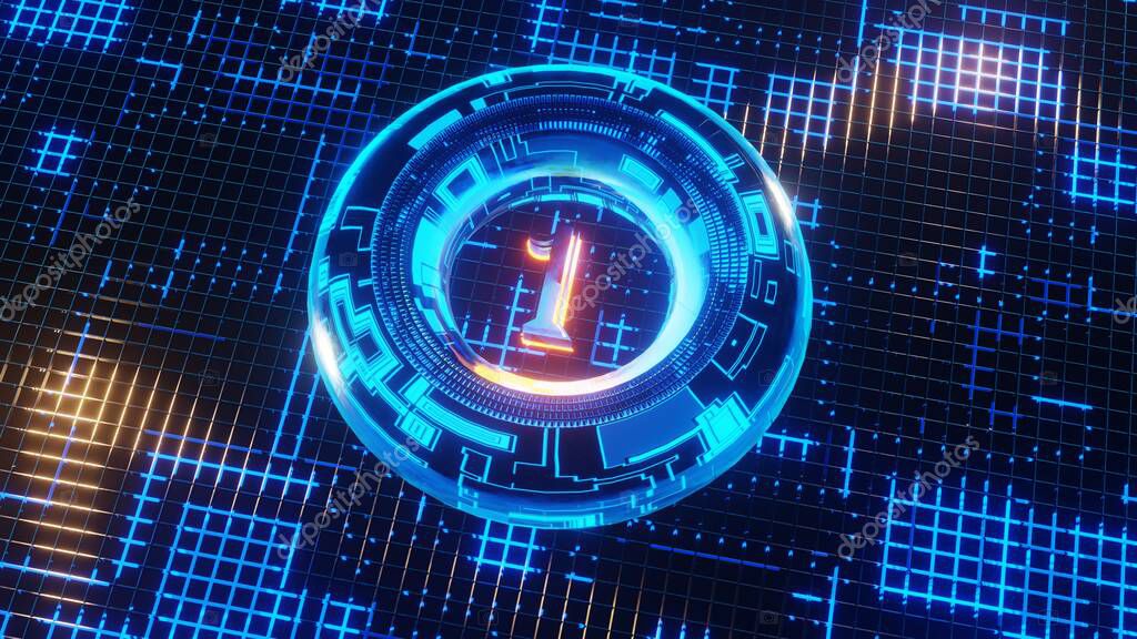 3D Rendering. Neon bright glowing countdown timer from 10 to 0 seconds ...