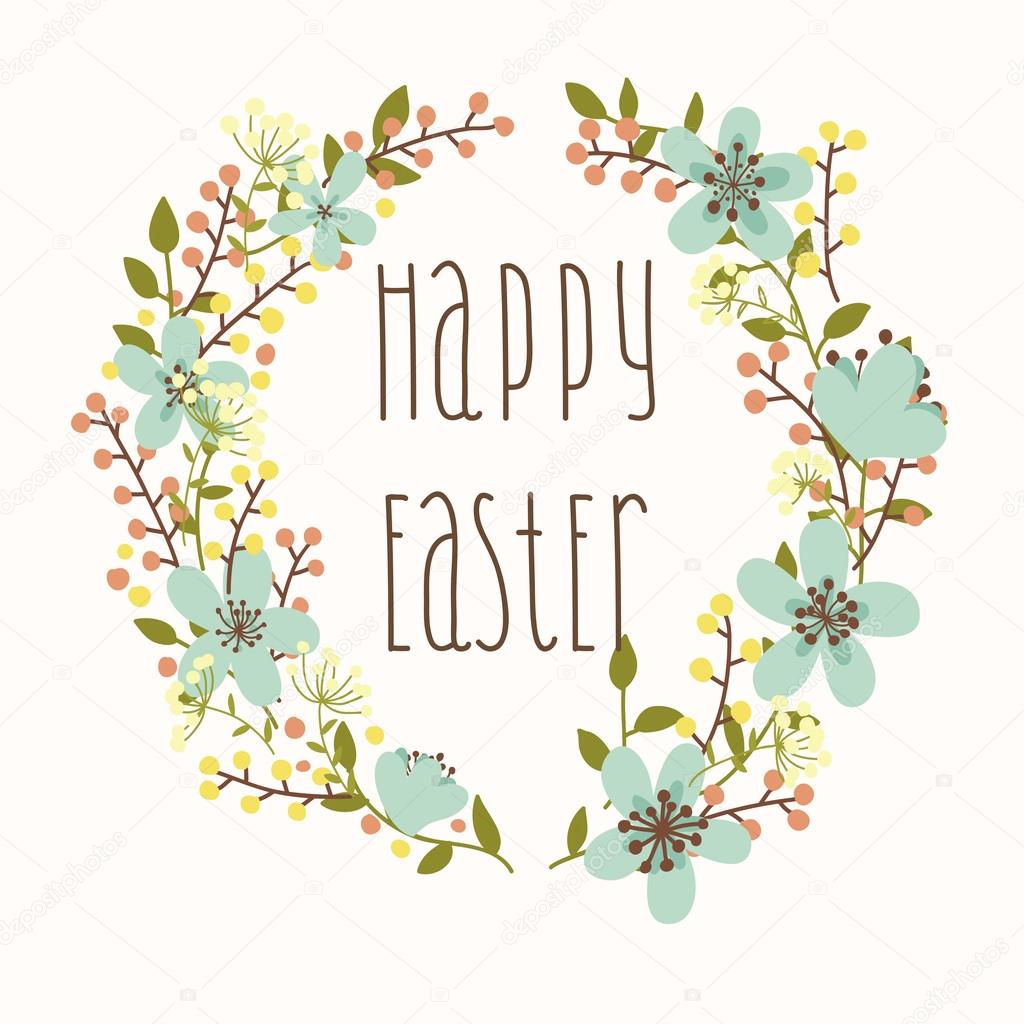 Download Happy Easter Card With Floral Wreath Bright Illustration