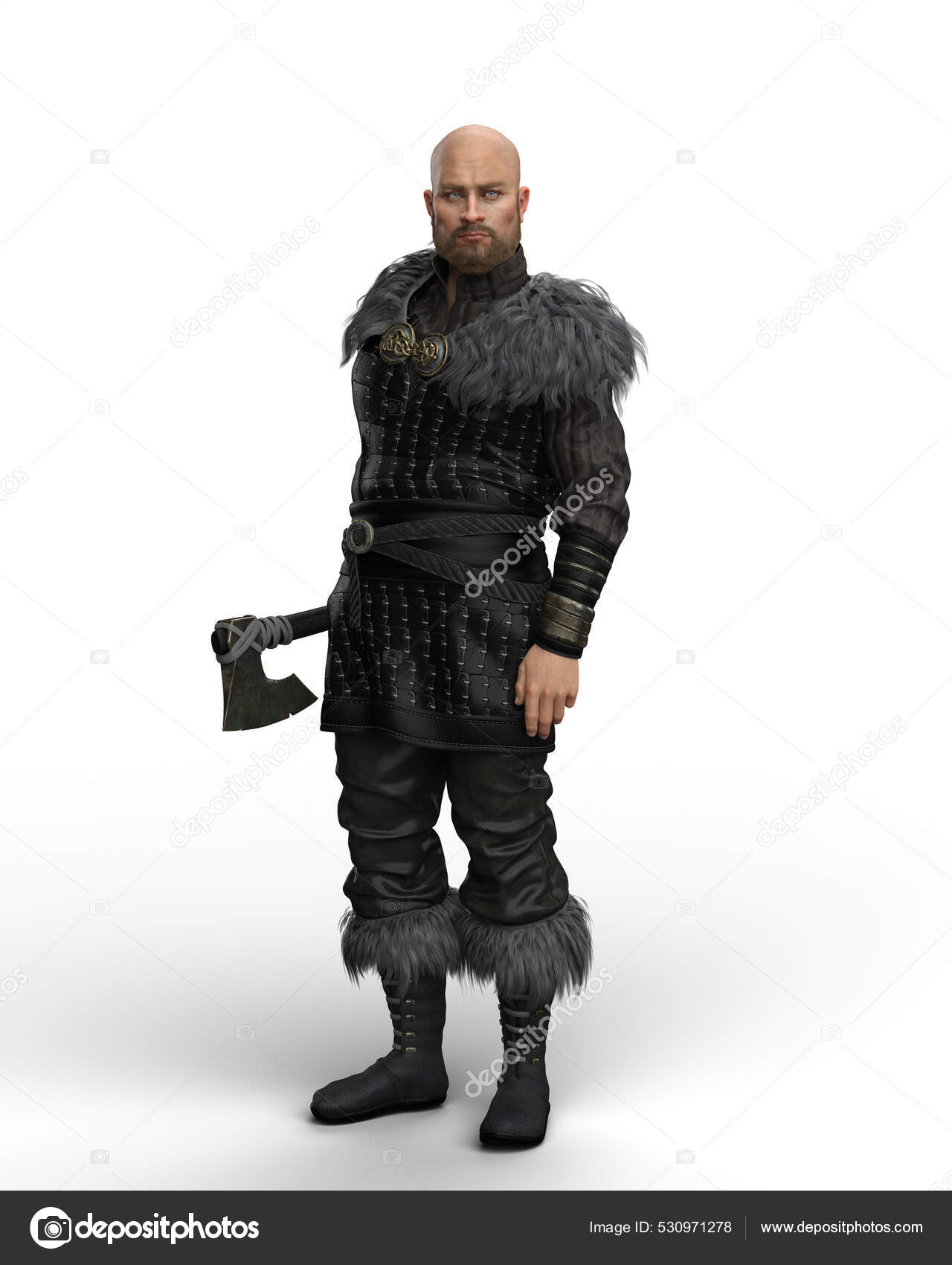 Viking Warrior Man Beard Bald Head Standing Axe His Right — Stock Photo ...