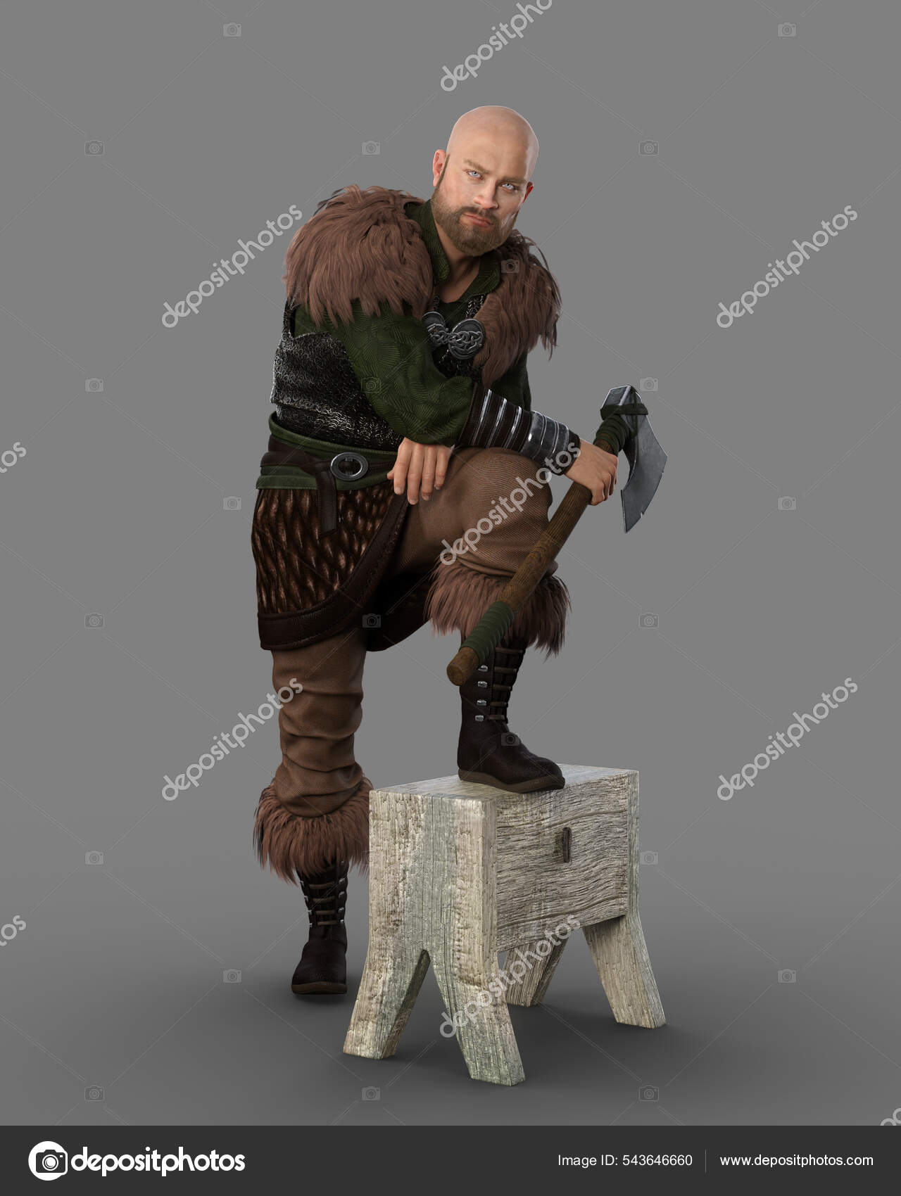 Medieval Viking Warrior Man Standing One Foot Resting Stool Bearded ...