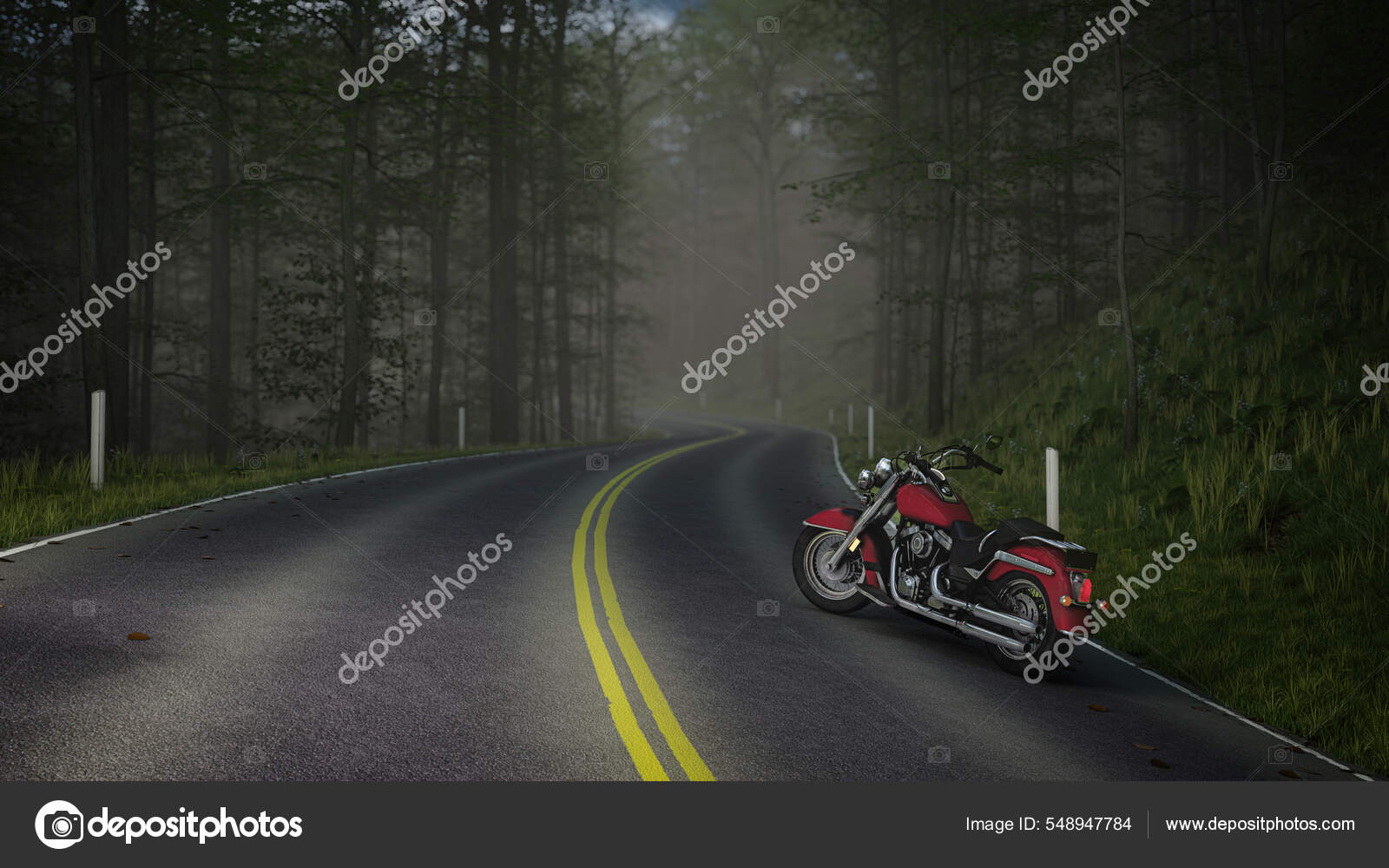 Large Red Motorcycle Parked Side Tree Lined Forest Road Illustration ...