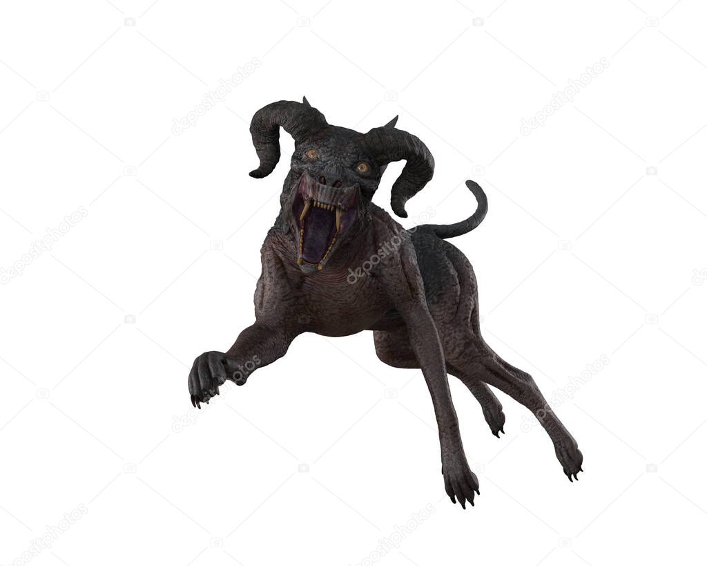 Demonio sabueso en pose de ataque. Ilustración 3D aislada sobre fondo ...